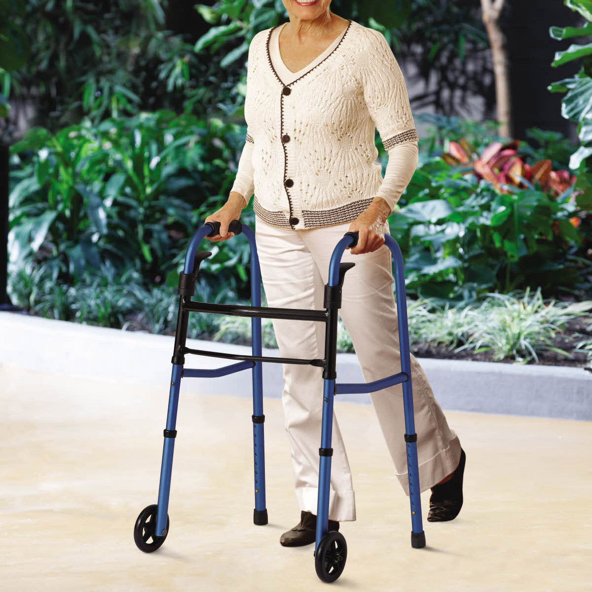 Medline Folding Paddle Walker with 5 inch Wheels, Blue